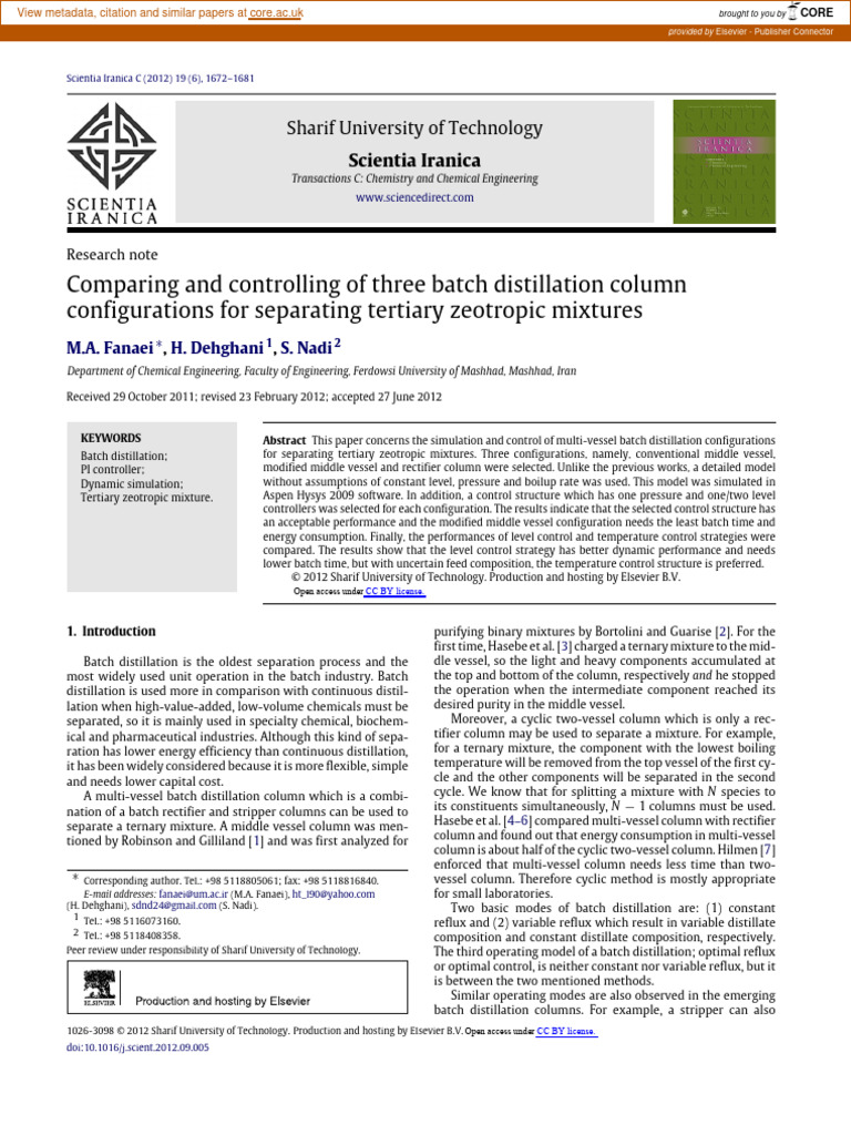 Comparing and Controlling of Three Batch Distillation Column Configurations For Separating ...