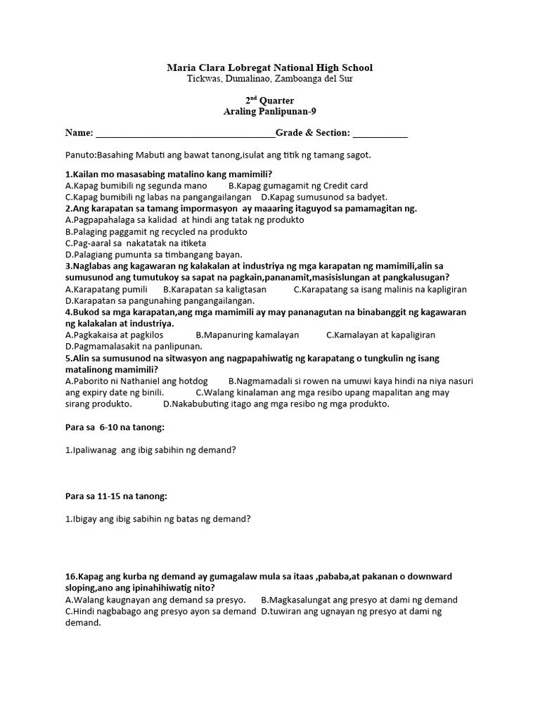 2nd Summative Test (Grade 9) | PDF