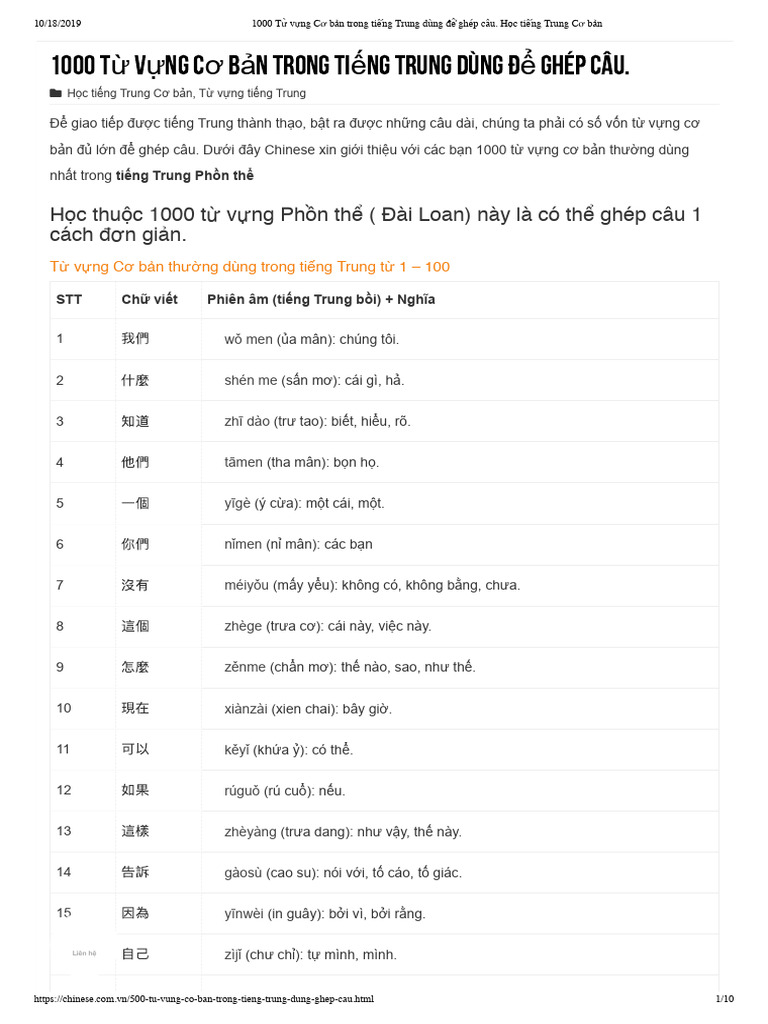 1000 Từ vựng Cơ bản trong tiếng Trung dùng để ghép câu. Học tiếng Trung Cơ bản | PDF