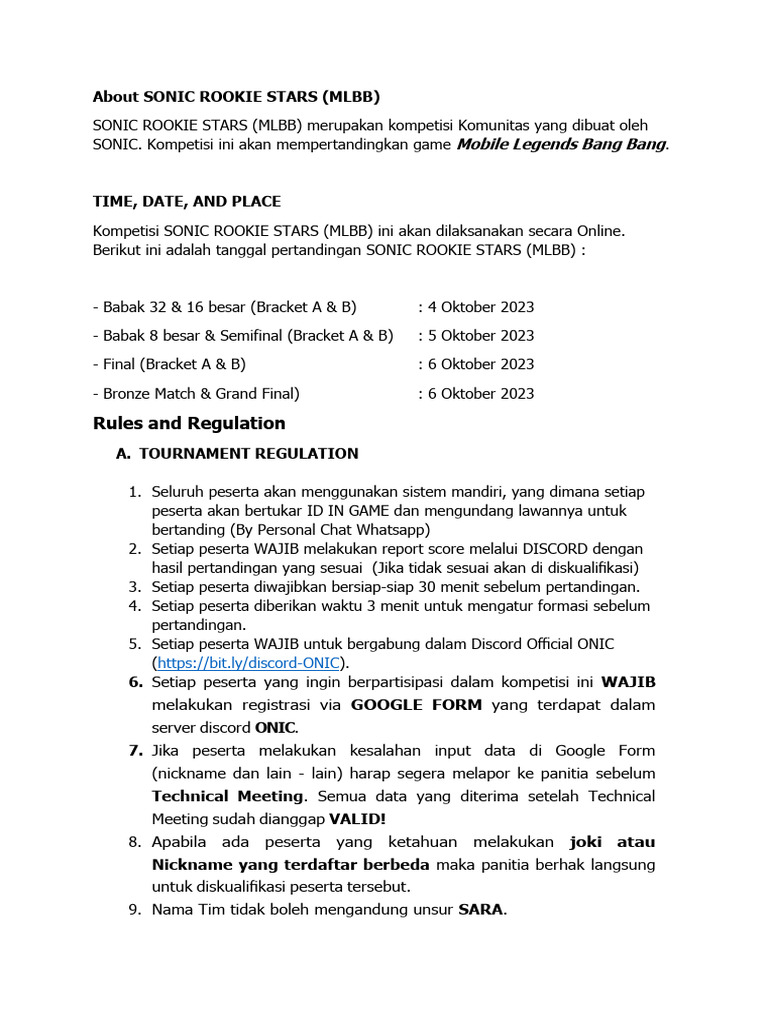 Rules and Participant SONIC MLBB ROOKIE STARS | PDF