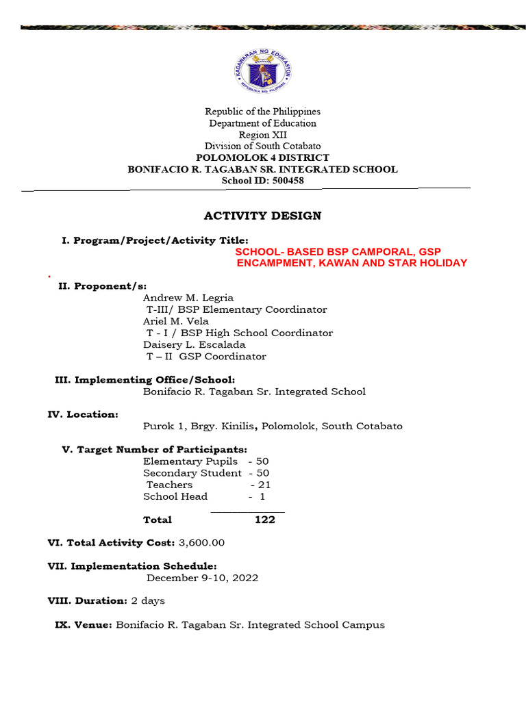 School-Based BSP GSP Encampment Report | PDF | Emergency Management ...