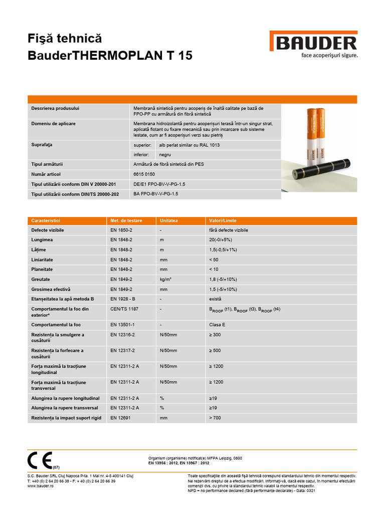 BauderTHERMOPLAN T 15 PW - Produktdatenblatt 66150150 - 0321 - RO | PDF