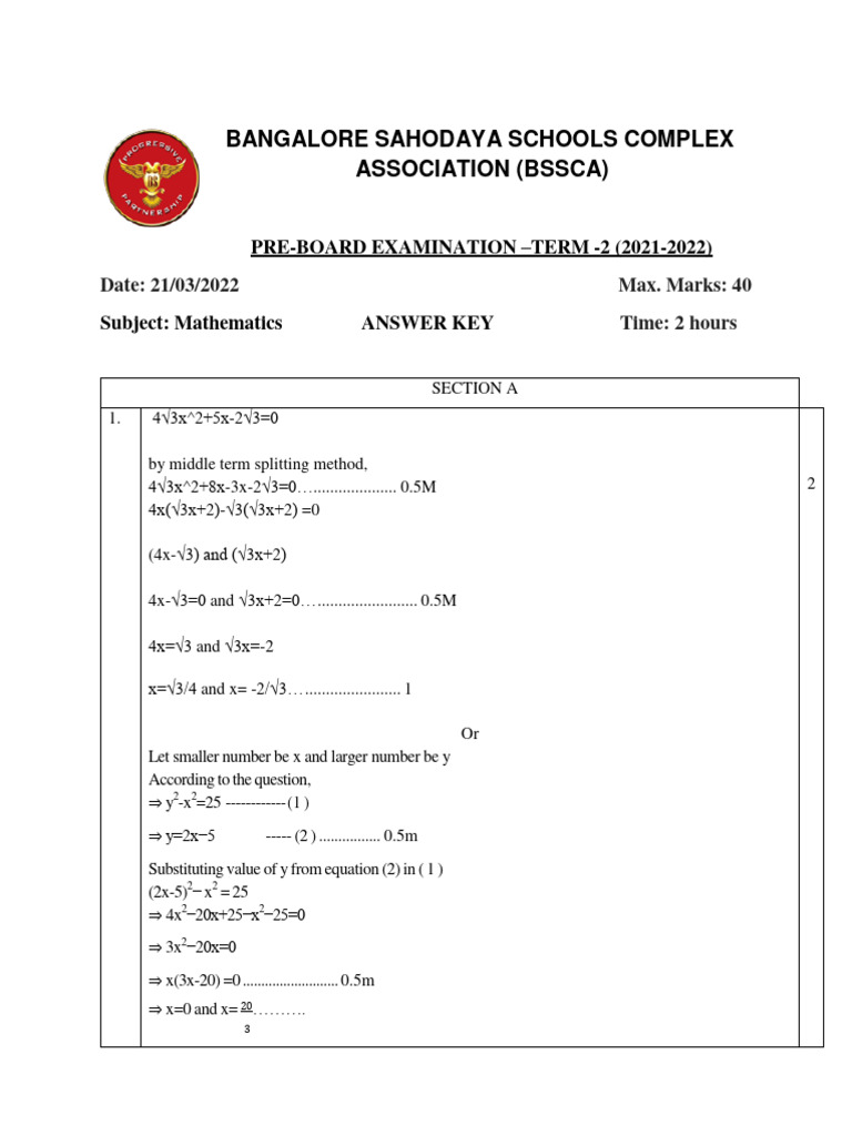 Class 10 Maths Pre-Board Answer Key | PDF | Circle | Volume