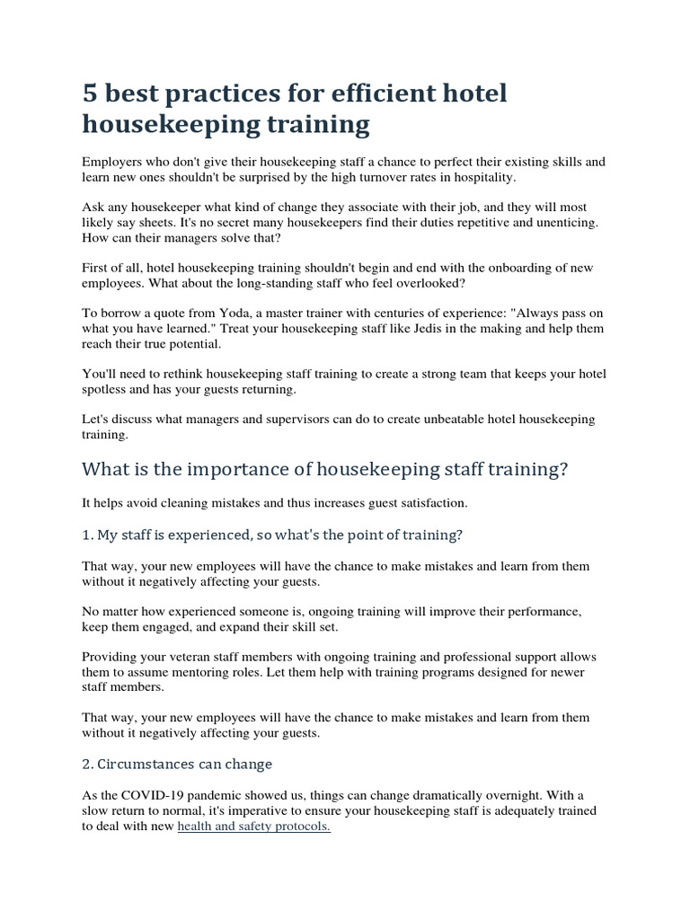Best Practices for Hotel Housekeeping Training | PDF | Video | Housekeeping