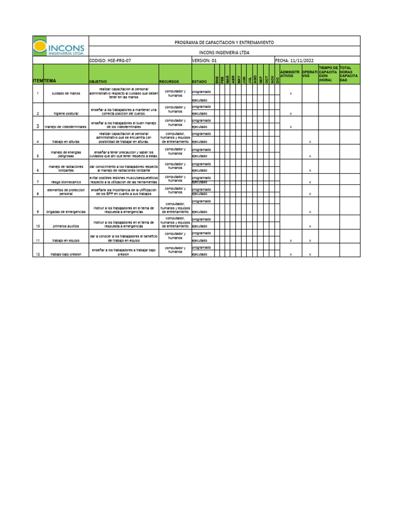 Programa de Capacitacion y Entrenamiento | PDF