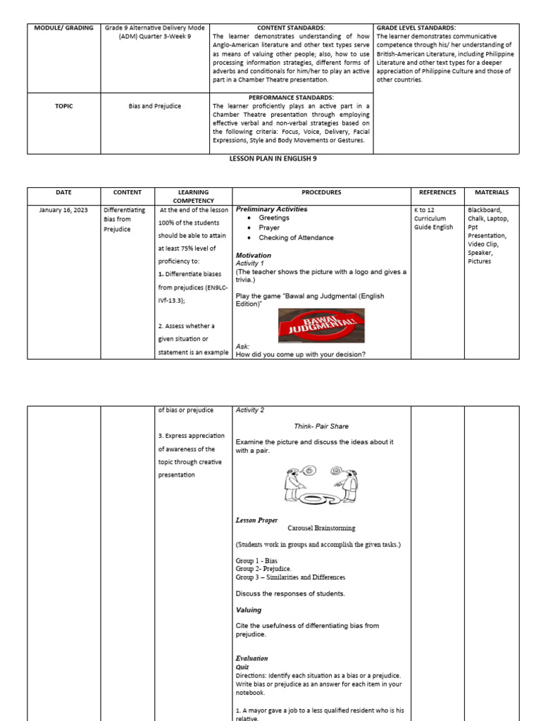 COT 2 in English 9 2022-2023 | PDF | Learning | Prejudices
