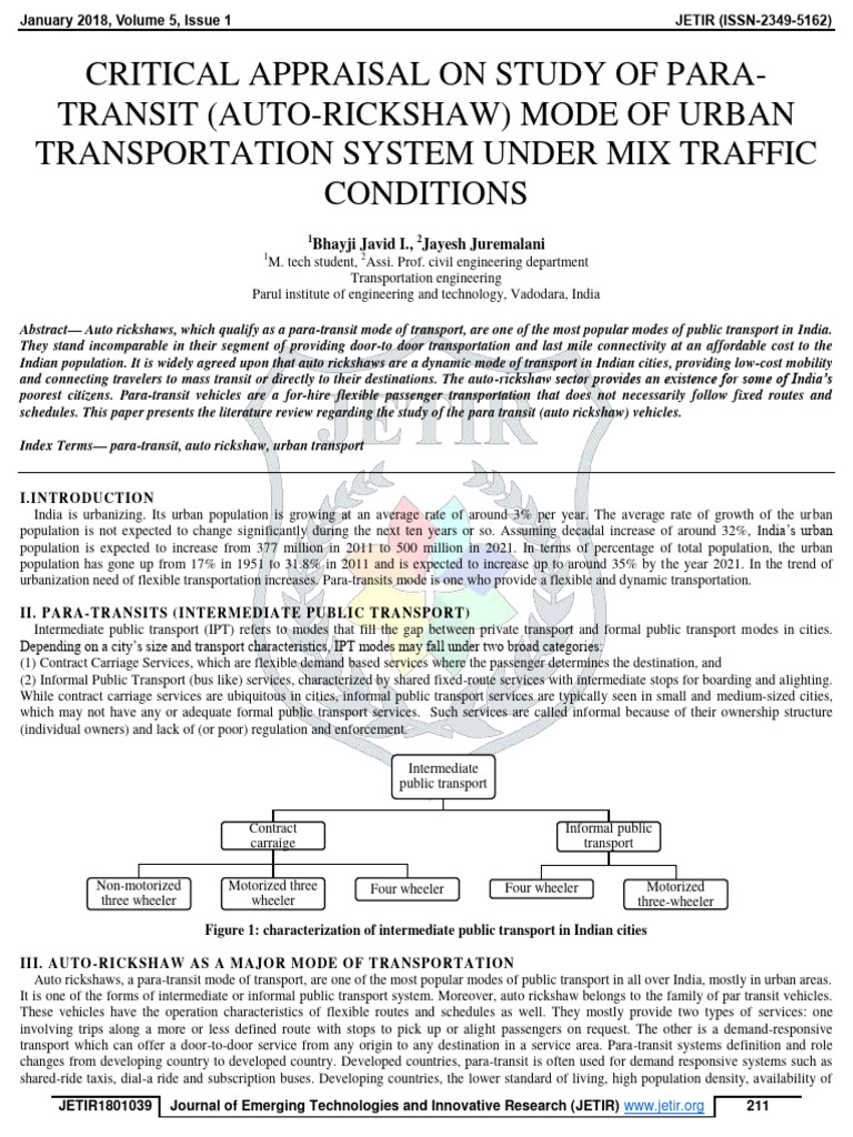 CRITICAL APPRAISAL ON STUDY OF PARATRANSIT (AUTO-RICKSHAW) MODE OF ...