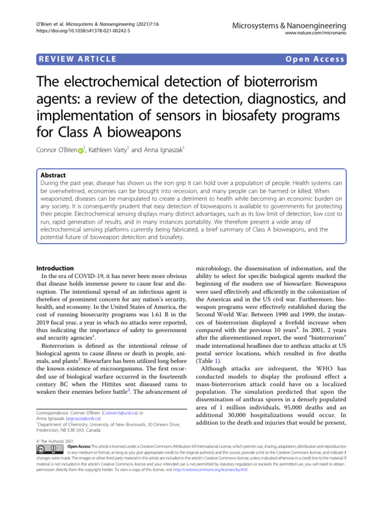 The Electrochemical Detection Of Bioterrorism Agents Pdf Biological