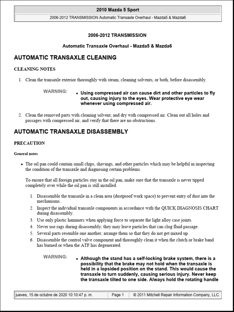 Automatic Transaxle Overhaul - Mazda5 & Mazda6 | PDF | Automatic ...