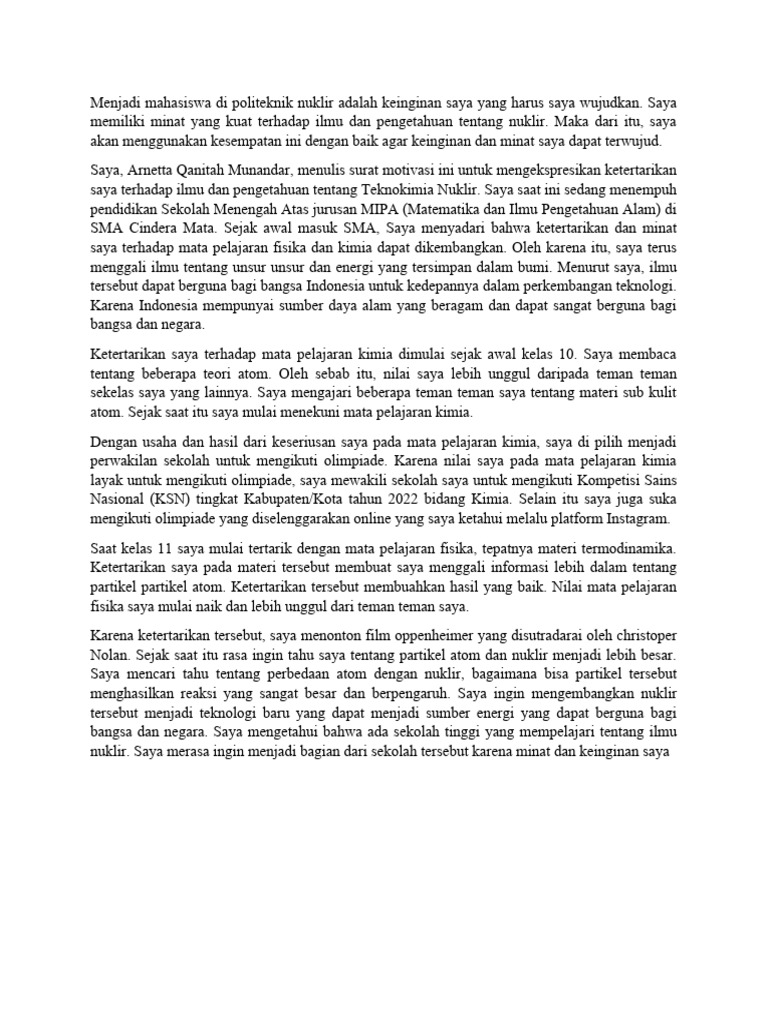 Motivasi Kuliah Di Poltek Nuklir - Arnetta Qanitah Munandar | PDF