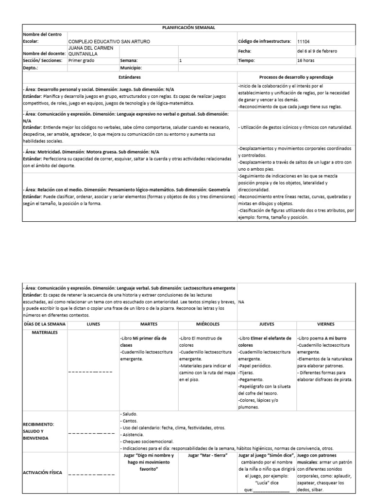 Planificación Semanal Primer Grado | PDF | Aprendizaje | Comunicación ...