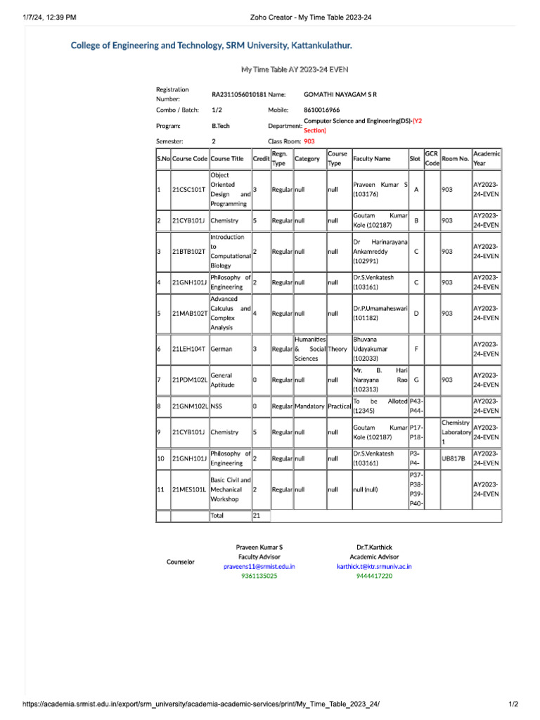 Sem 2 Timetable | PDF