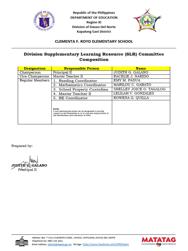 Clementa F. Royo Es - Davnor - School SLR Committee | PDF