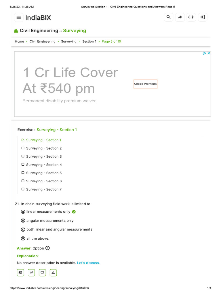 1 CR Life Cover at 540 PM: Indiabix Indiabix | PDF | Surveying | Metrology