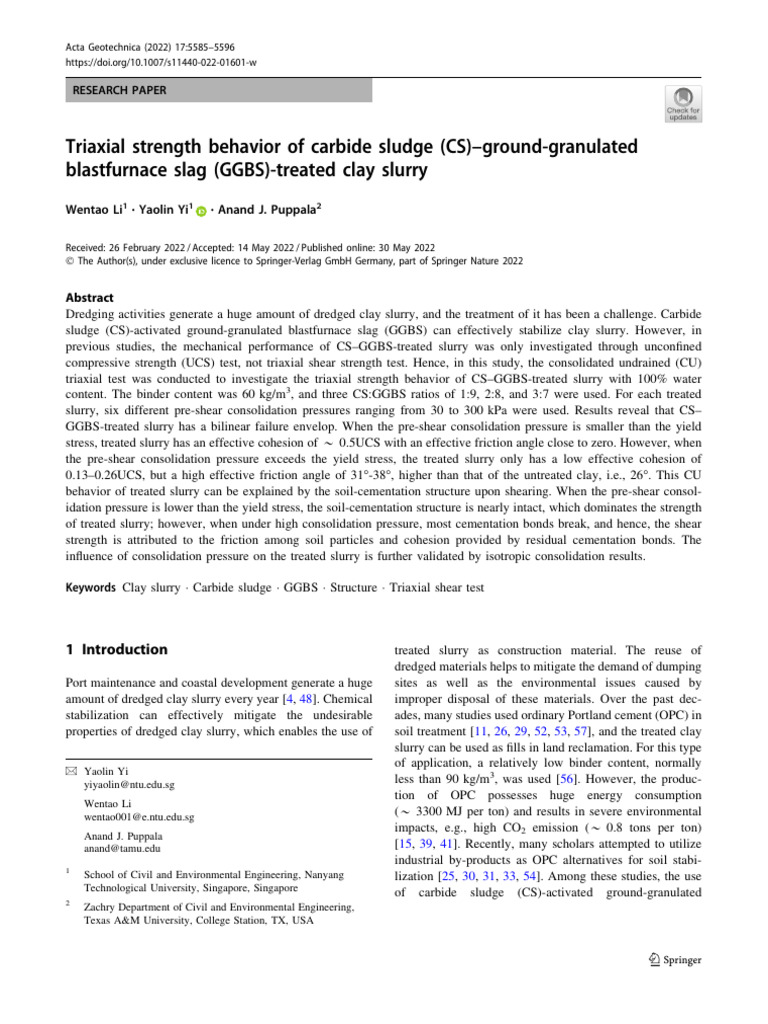 Triaxial Strength Behavior of Carbide Sludge (CS) - Ground-Granulated ...