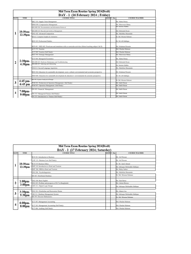 Mid Routine Spring 2024 Dhaka | PDF | Economies | Business
