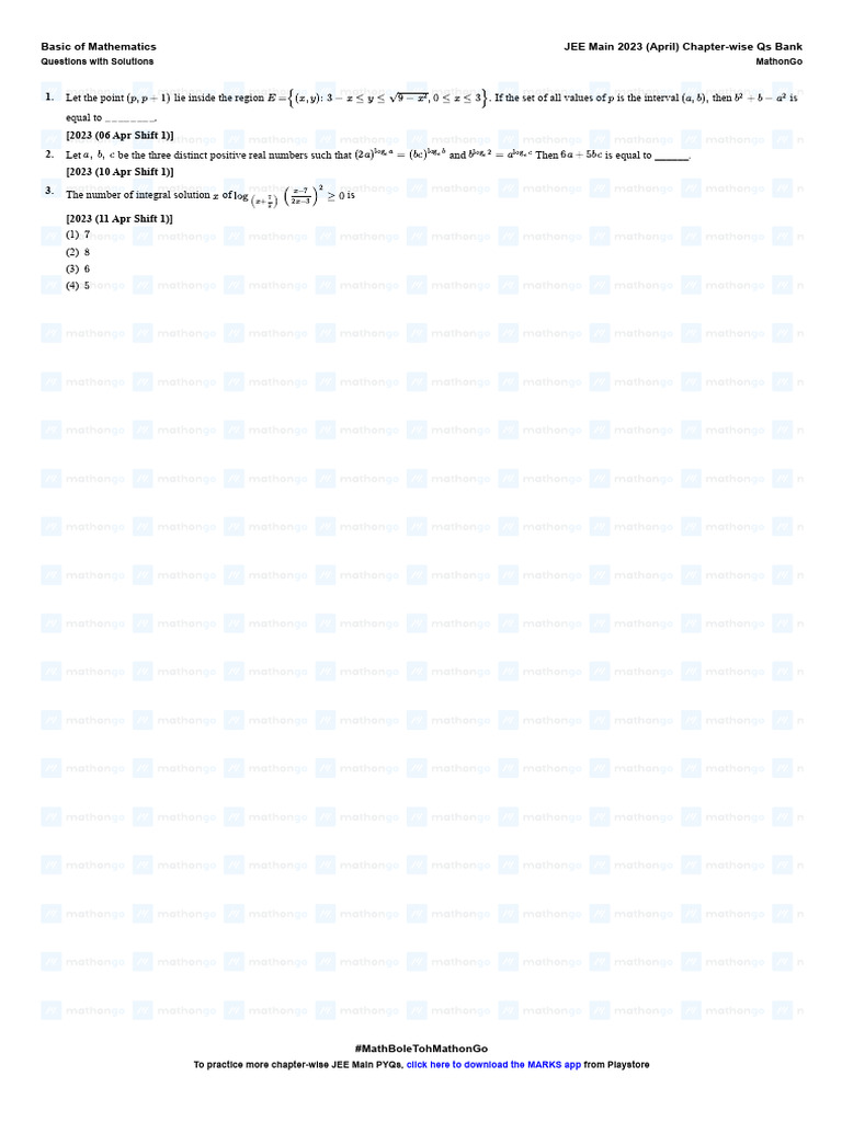 Basic of Mathematics - JEE Main 2023 April Chapterwise PYQ - MathonGo | PDF | Arithmetic ...
