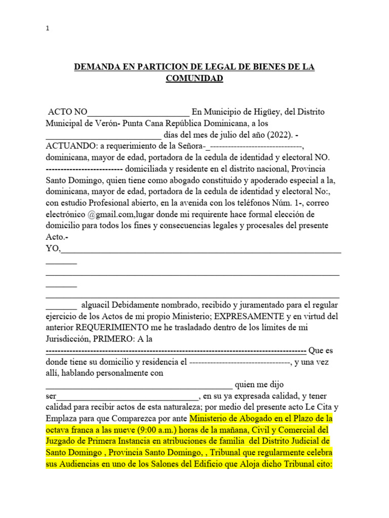 Modelo de Demanda en Particion de Legal de Bienes de La Comunidad | PDF | República Dominicana ...