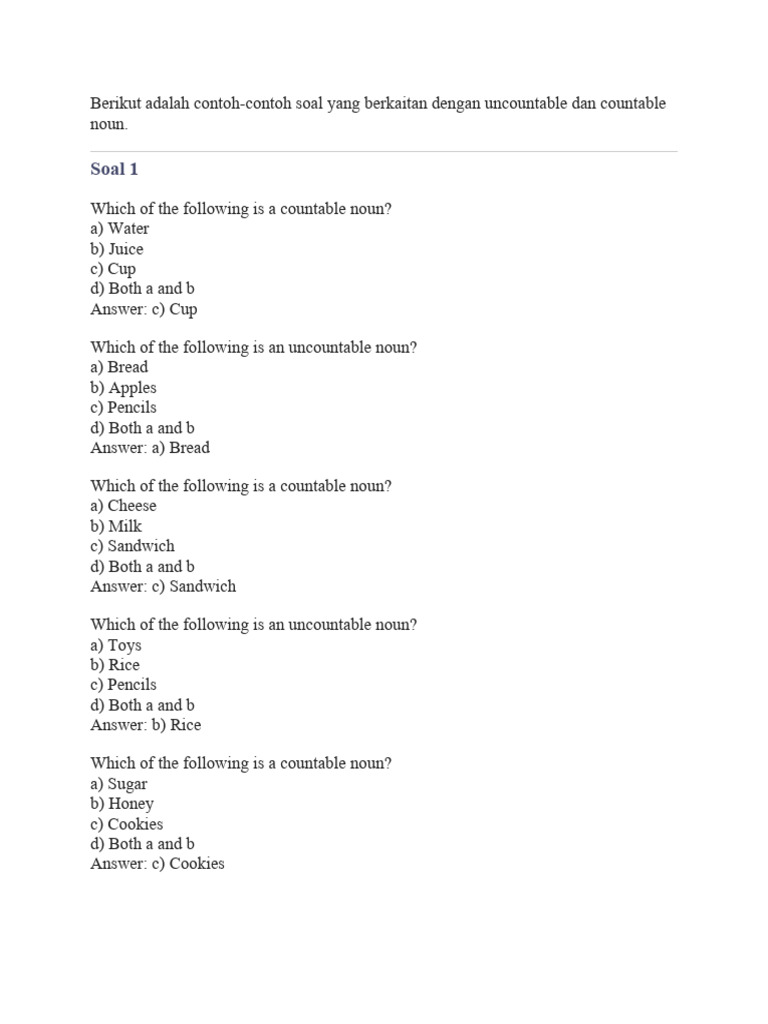 Soal Countable Dan Uncountable Noun | PDF | Plural | Grammatical Number