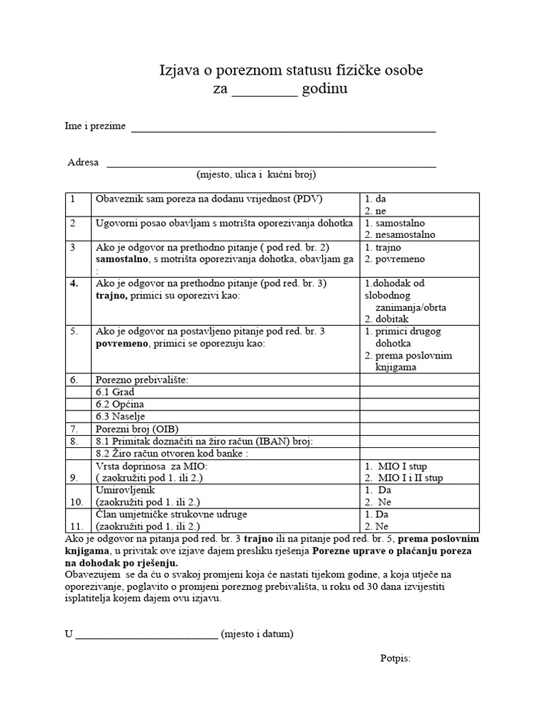 Porezna Izjava | PDF