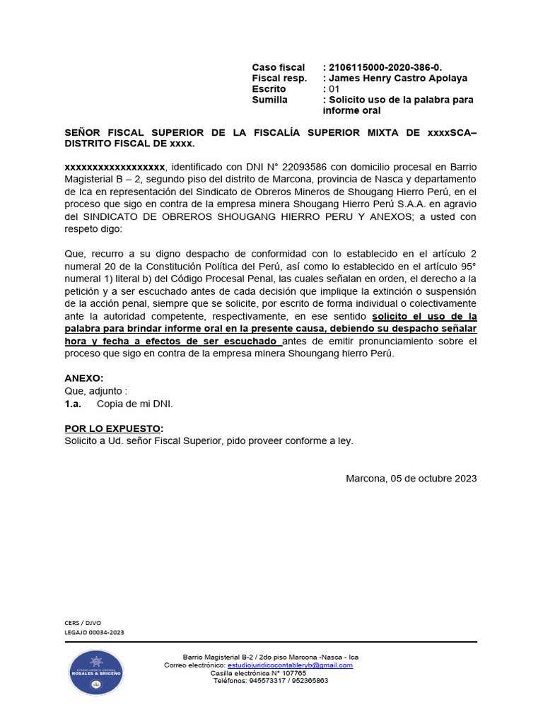 Escrito Solicito Ser Escuchado | PDF Escrito Solicito Ser Escuchado | PDF