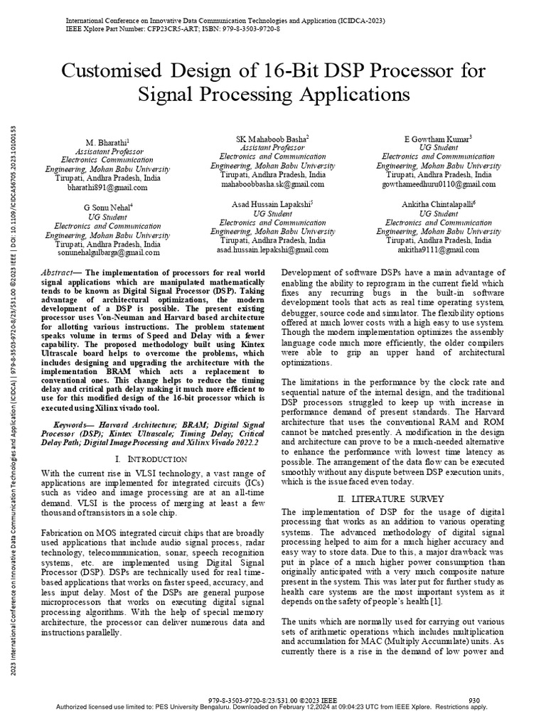Customised Design Of 16 Bit Dsp Processor For Signal Processing Applications Pdf Digital