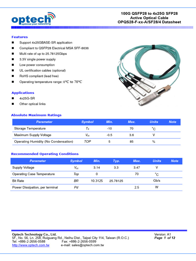Opqs28-F-xx-A-sf28 (100g Qsfp28 To 4x25g Sfp28 Fanout Cable) - B Type ...