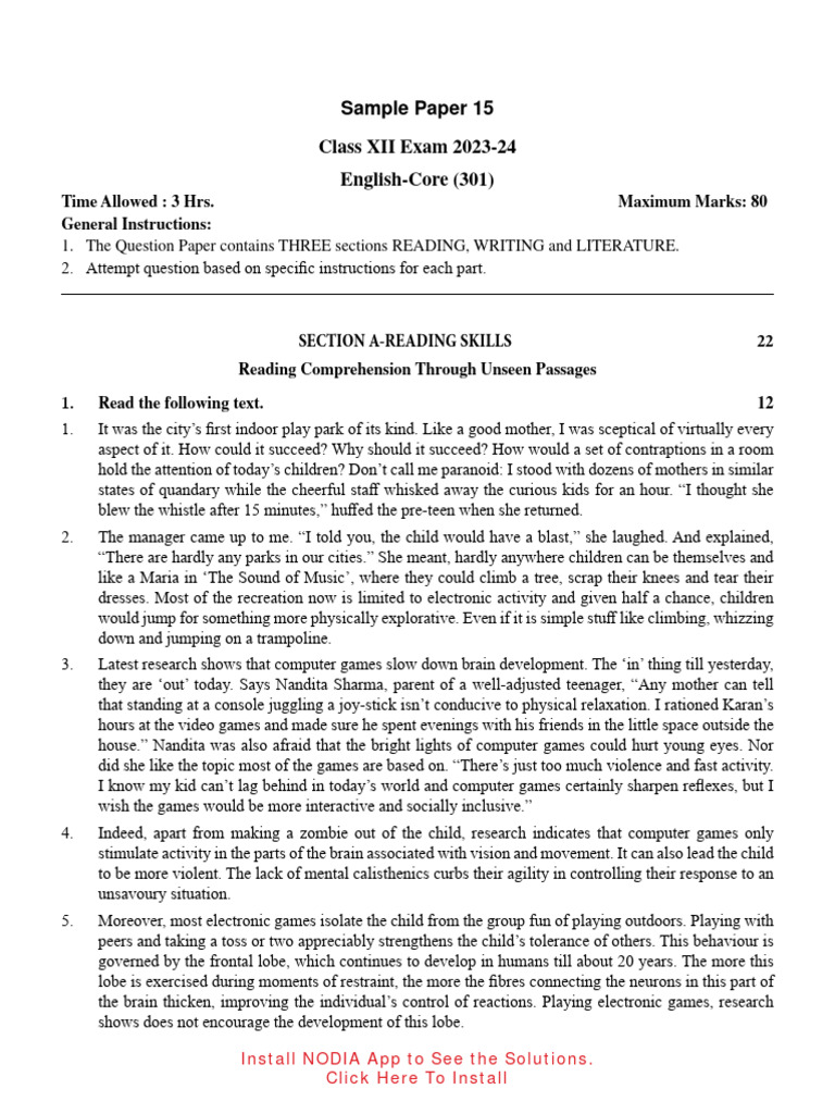 EN Sample Paper 15 Unsolved | PDF | Cyberbullying | Bullying