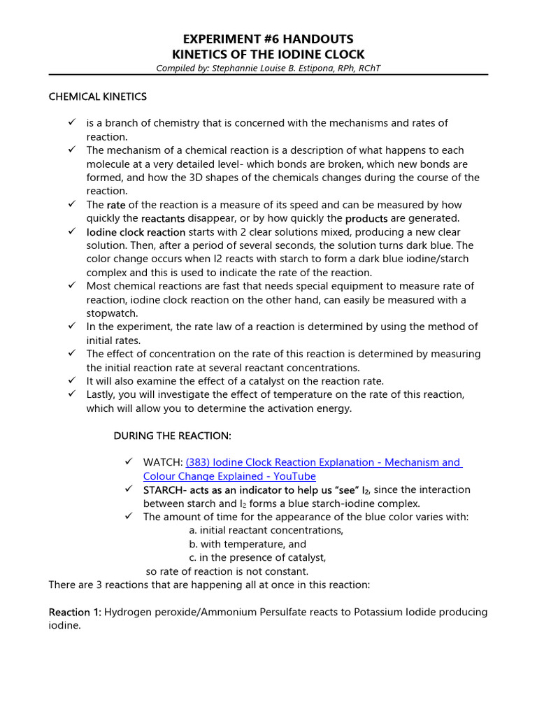 Handout Midterms Physical Pharmacy Expt 6 Iodine Clock | PDF | Reaction ...