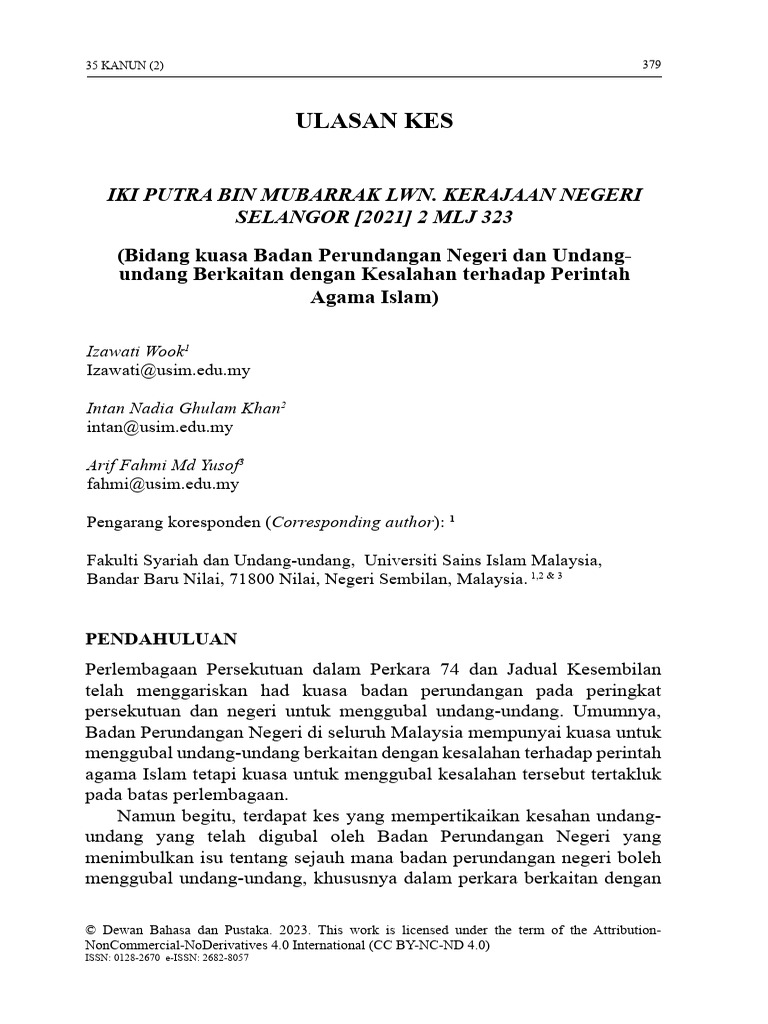 Iki Putra Bin Mubarrak v. Kerajaan Negeri Selangor (2021) 2 MLJ 323 | PDF