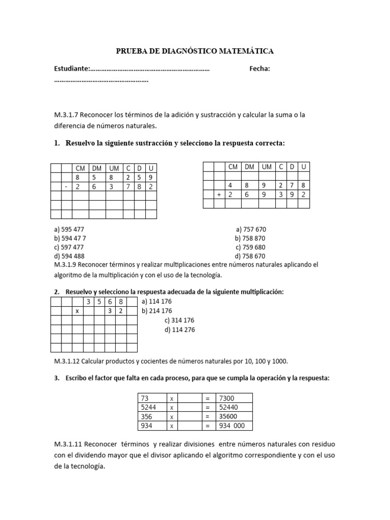 Prueba Diagnóstica de Matemáticas | PDF | División (Matemáticas ...