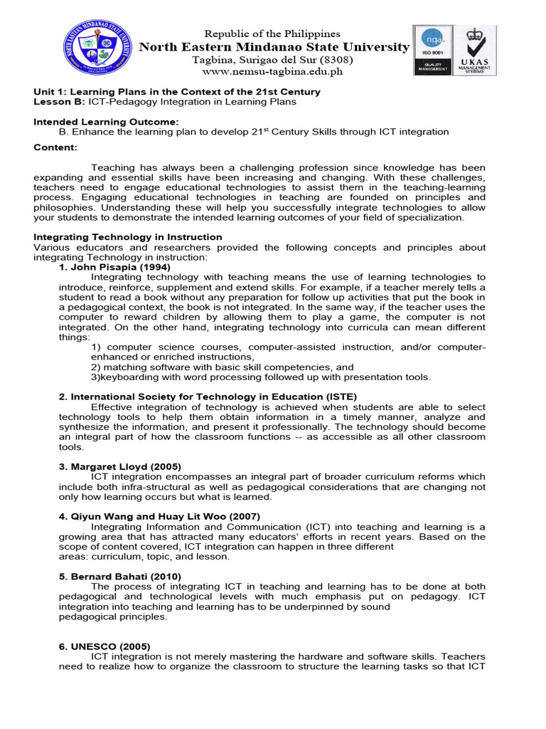 Unit 1 Lesson B ICT Pedagogy Integration in Learning Plans | PDF ...