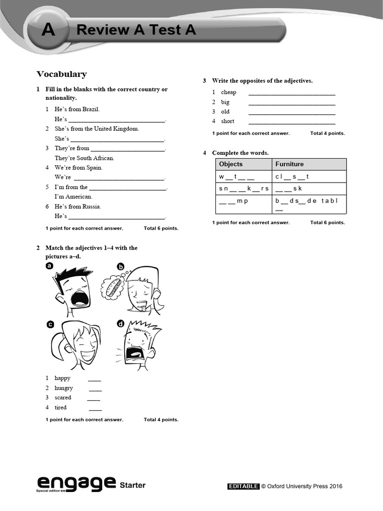 Engage Starter Review A Test A | PDF | Linguistics