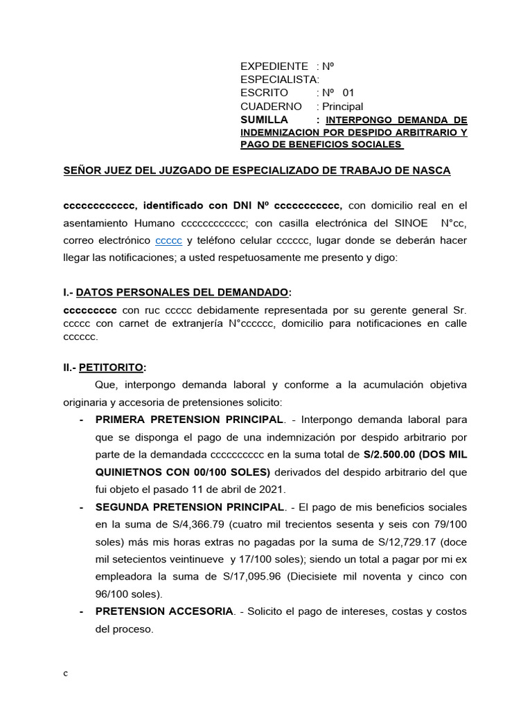 Demanda Nueva Laboral Por Despido Arbitrario y Pago de Beneficios Sociales | Descargar gratis ...