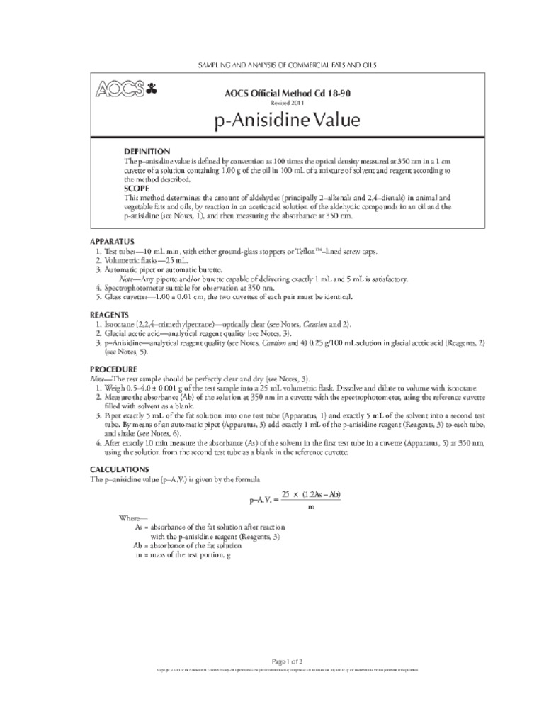 P Anisidine Value Aocs CD 18 80 | PDF