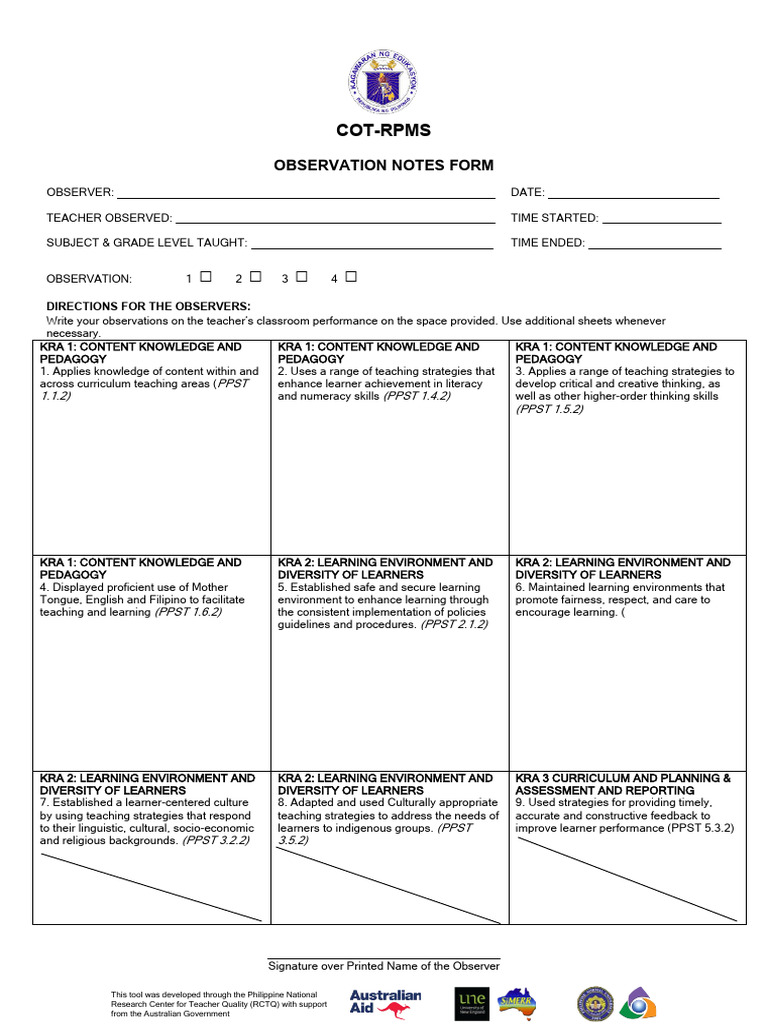 Appendix C 08 COT RPMS Observation Notes Form | PDF | Pedagogy | Learning