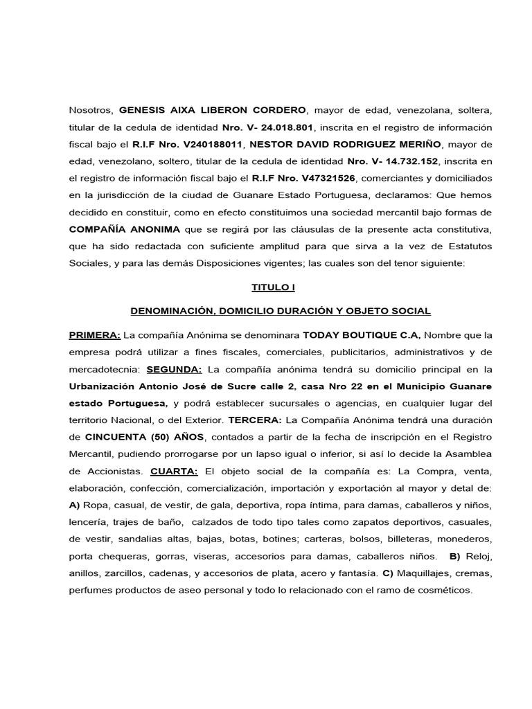 Acta Constitutiva 2 | PDF | Compartir (Finanzas) | Cheque