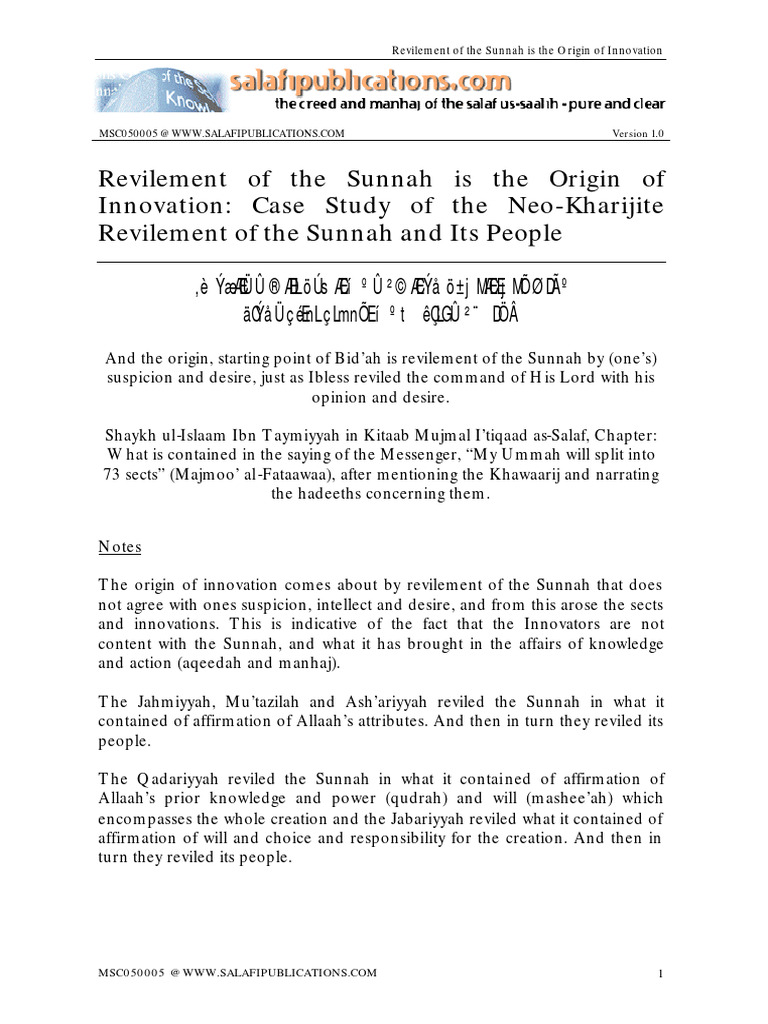 Revilement of The Sunnah Is The Origin of Innovation Case Study of The ...