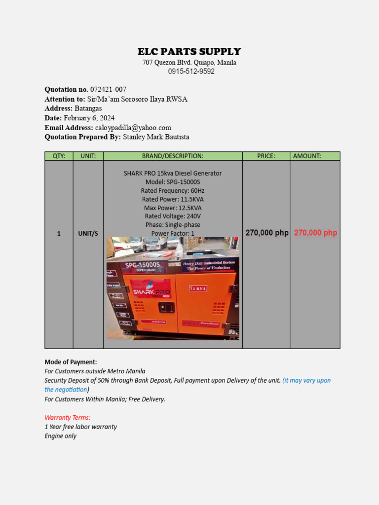 Quotation For Sharkpro Generator 15kva | PDF