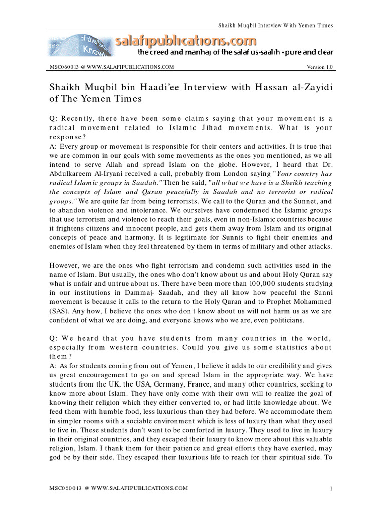 Shaikh Muqbil Interview With Yemen Times | PDF | Muhammad | Jihad