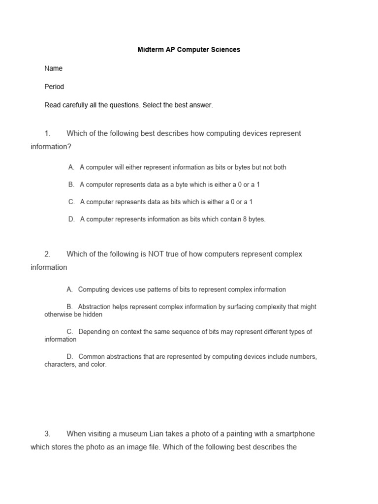 Midterm AP Computer Sciences | PDF | Data Compression | Bit