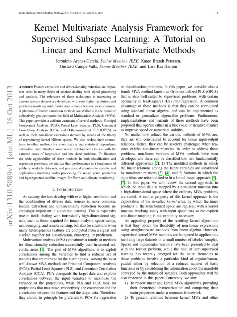 Kernel Multivariate Analysis Framework F | PDF | Principal Component Analysis | Mathematical ...