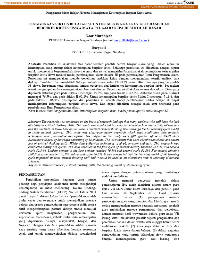 Penggunaan Siklus Belajar 5E Untuk Meningkatkan Keterampilan Berpikir Kritis Siswa Mata ...