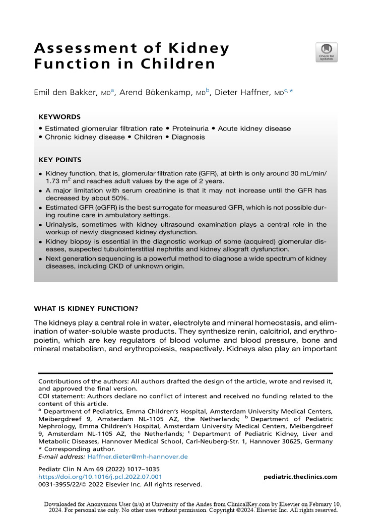 Assessment of Kidney Function in Children | PDF | Creatinine | Kidney
