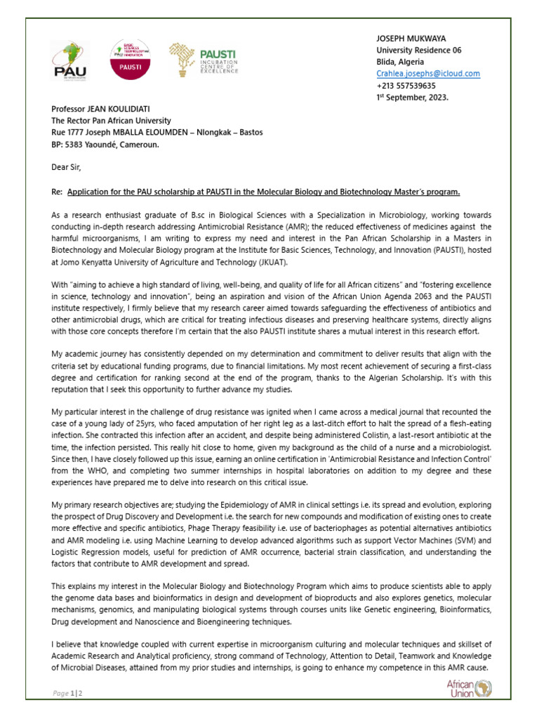 PAU Scholarship Application for AMR Research | PDF | Antimicrobial ...