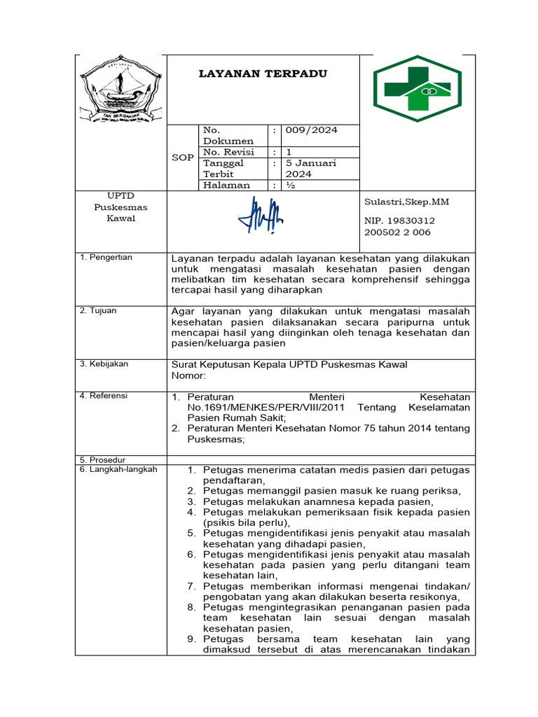 Sop Layanan Terpadu | PDF | Kesehatan Holistik | Sains & Matematika