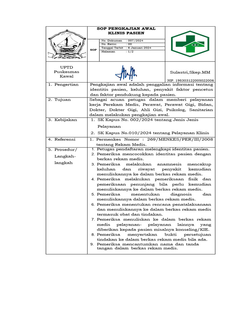 SOP Pengkajian Awal Pasien Klinis | PDF | Sains & Matematika