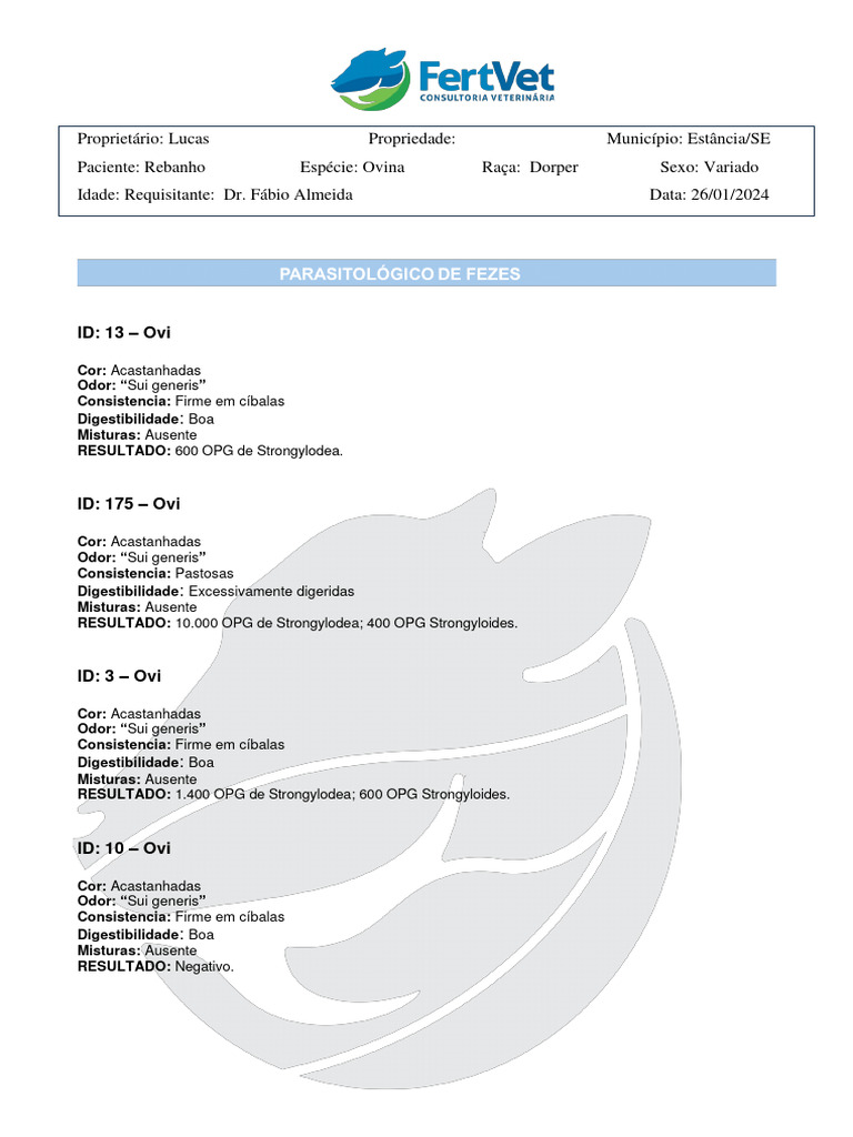 Resultado Parasitologico de Fezes - Ovinos | PDF