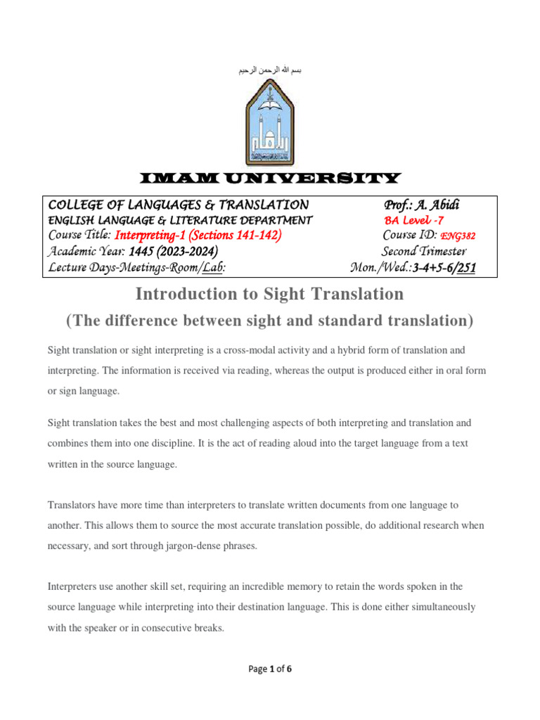 Introduction To Sight Translation (Difference-Sight&Standard Trans) | PDF | Translations ...