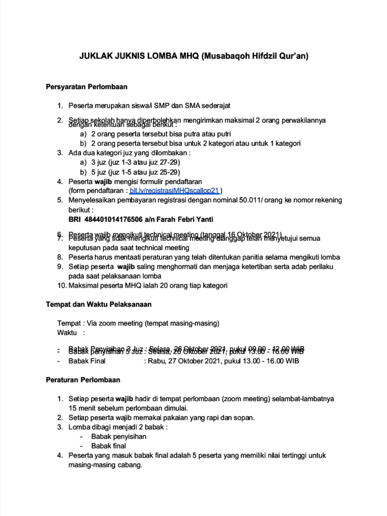 PDF Juklak Juknis MHQ Musabaqoh Hifdzil Qurx27an - Compress | PDF